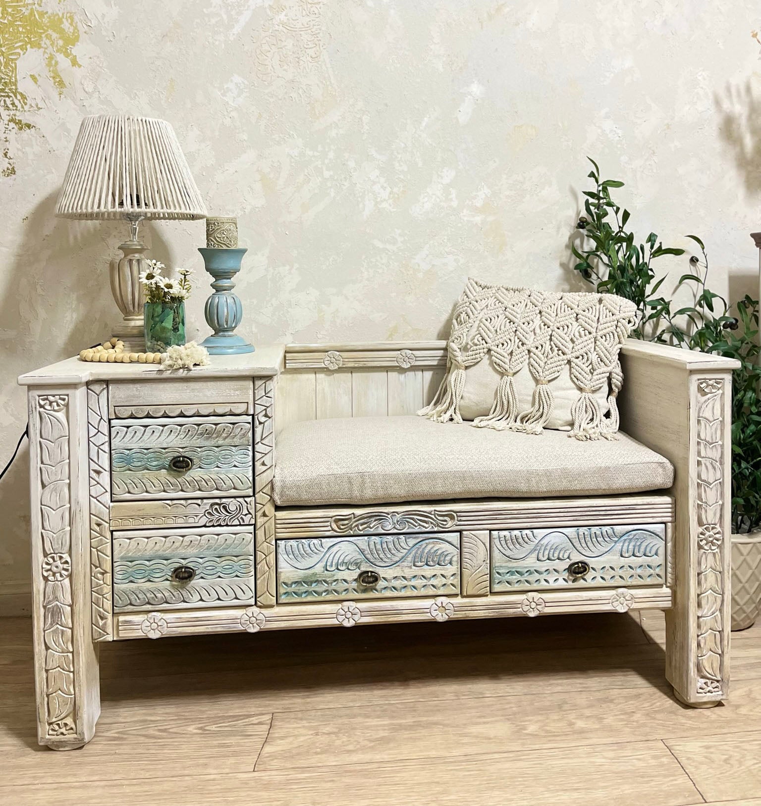 Elegant Wooden Bench with Built-in Storage Drawers – Abeer Maher Gallery
